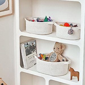 R RUNKA White Storage Basket Set of 3, Soft Woven Cotton Rope Shelf Baskets with Handles,Organizer Basket Sets for Laundry, Toys, Books and Towels