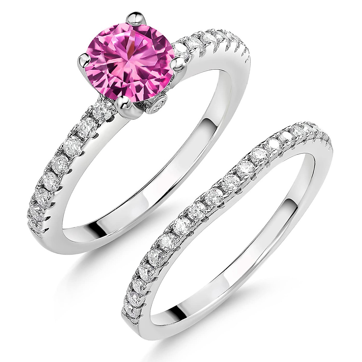 925 Sterling Silver Pink Created Sapphire and White Moissanite Wedding Engagement Band Bridal Set Ring For Women (1.49 Cttw, Gemstone September Birthstone, Available In Size 5, 6, 7, 8, 9)