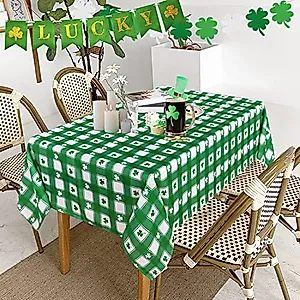 LUSHVIDA St.Patrick's Day Rectangle Table Cloth, 60 x 84 Inch - Shamrock Plaid Patterned Irish Clover Washable Microfiber Tablecloth Decorative Table Covers for Picnic Party, 100% Polyester, 150 GSM