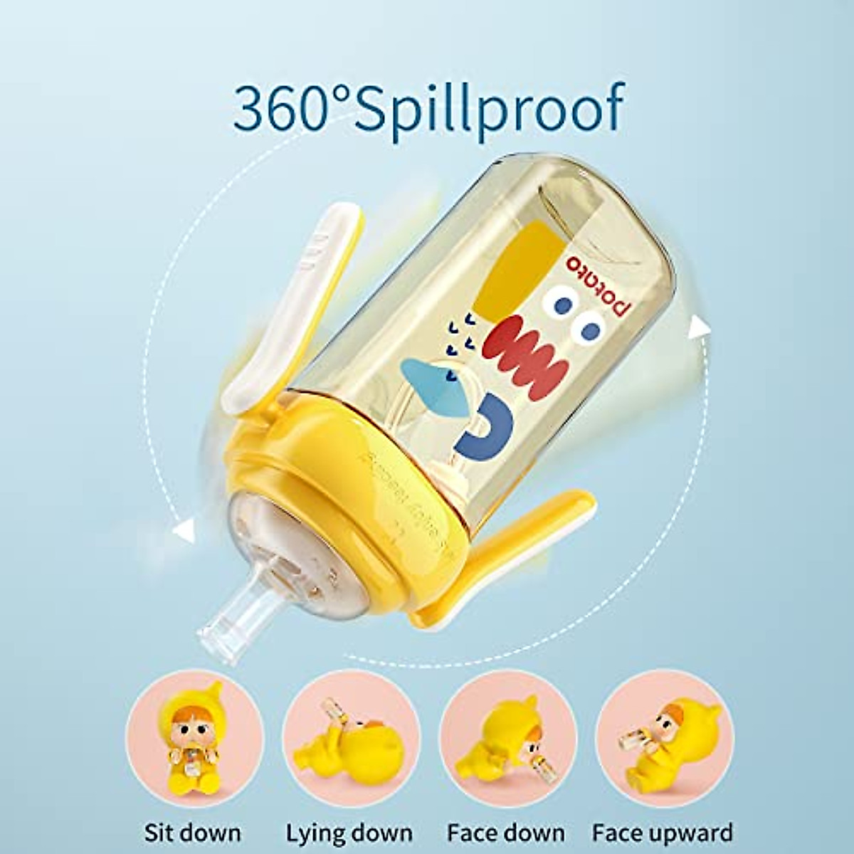 POTATO Sippy Cup For Toddlers with Straw Spill Proof, PPSU Learner Cup with Handle for Baby 1 year old, Water Bottle with weighted ball, 10 Ounce Yellow