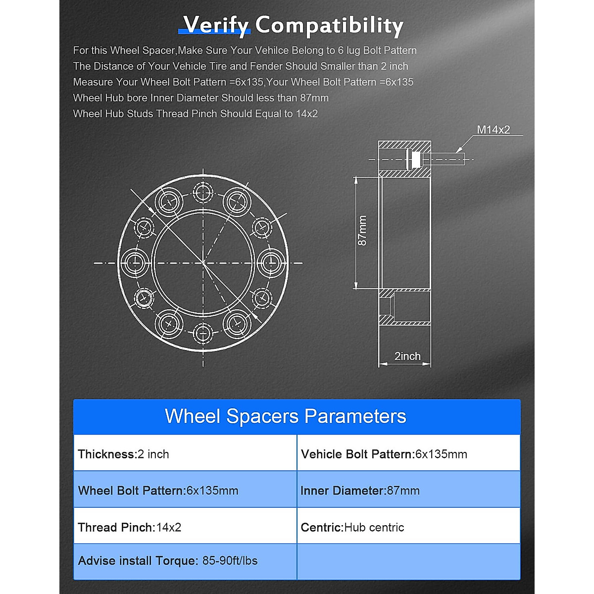 ECCPP 2" inch 6 Lug Hubcentric Wheel Spacers 6x135mm to 6x135mm 87mm CB fits for Ford Expedition for Ford for F-150 for Lincoln Navigator for Lincoln Mark LT with 14x2 Studs-2PCS
