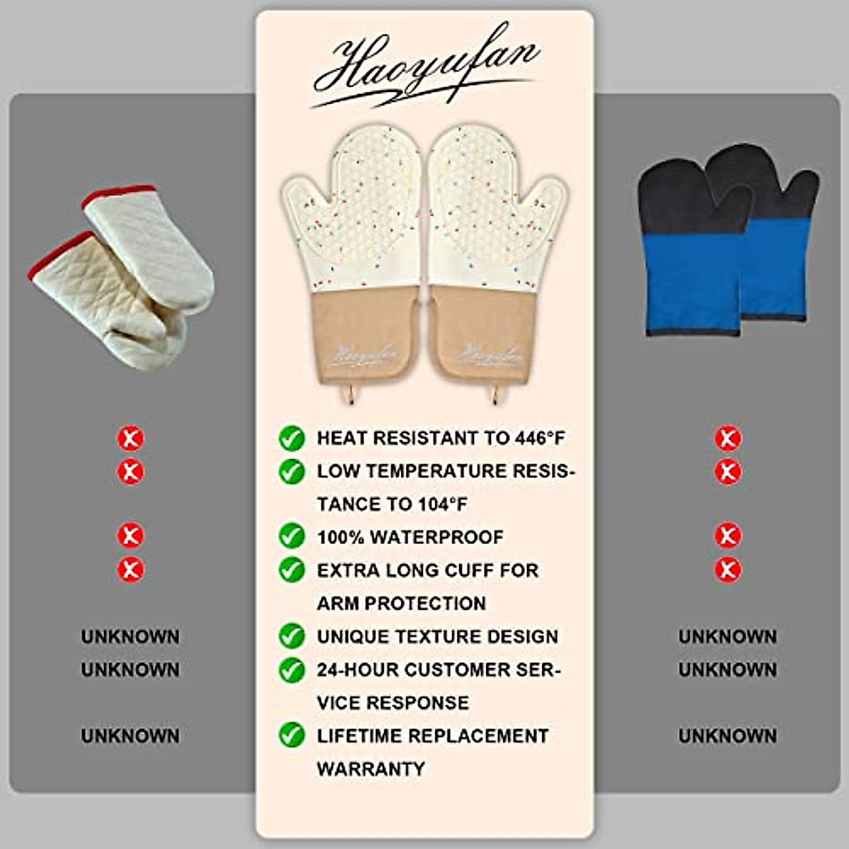 HaoYuFan Silicone Oven Mitts and Pot Holders Sets, Double Layer High Temperature Resistant Hot Pads and Oven Mitts, Cotton Lined Pot Holders and Oven Mitts Sets for Cooking, Grilling etc, Beige 3 Pcs