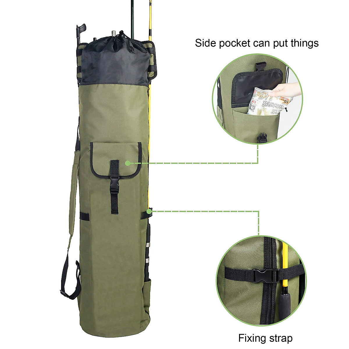 LINOCA Fishing Rod Bag Pole Storage Bag Fishing Rod Case Holds 5 Poles Travel Case Waterproof Lightweight Fishing Tackle Storage Bag Large Capacity Fishing Gear Organizer Gift for Men(Green)