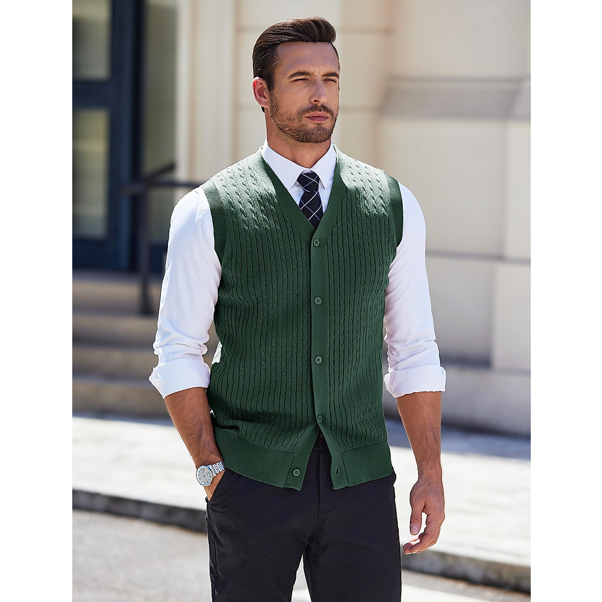 COOFANDY Men's Sleeveless Sweater Vest V-Neck Casual Cable Knit Button Down Cardigan Vest Green