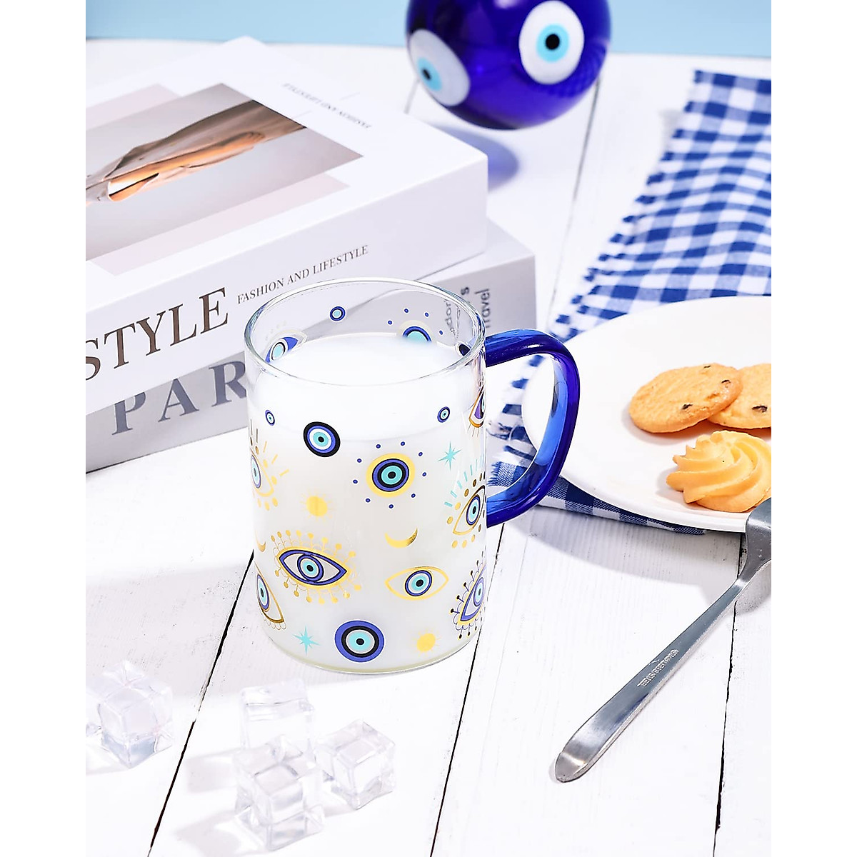 Nefelibata Evil Eye Glass Coffee Cup with Handle 16oz Glass Can for Hot/Cold Beverages Cappuccino Latte Espresso Beer Hamsa Blue Evil Eye for Protection Tumbler Mug Heat-Resistant and Freezer Safe