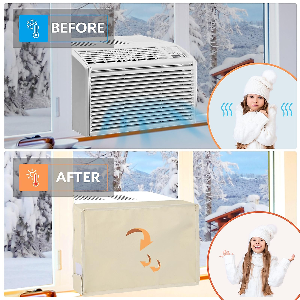 25"Lx17"Hx3.5" Indoor Air Conditioner Cover for Window Units, 3 Layers Insulation AC Cover for Inside Wall Unit with Aluminum Foil and 2mm Foam, Windproof Window Air Conditioner Cover Inside, Beige