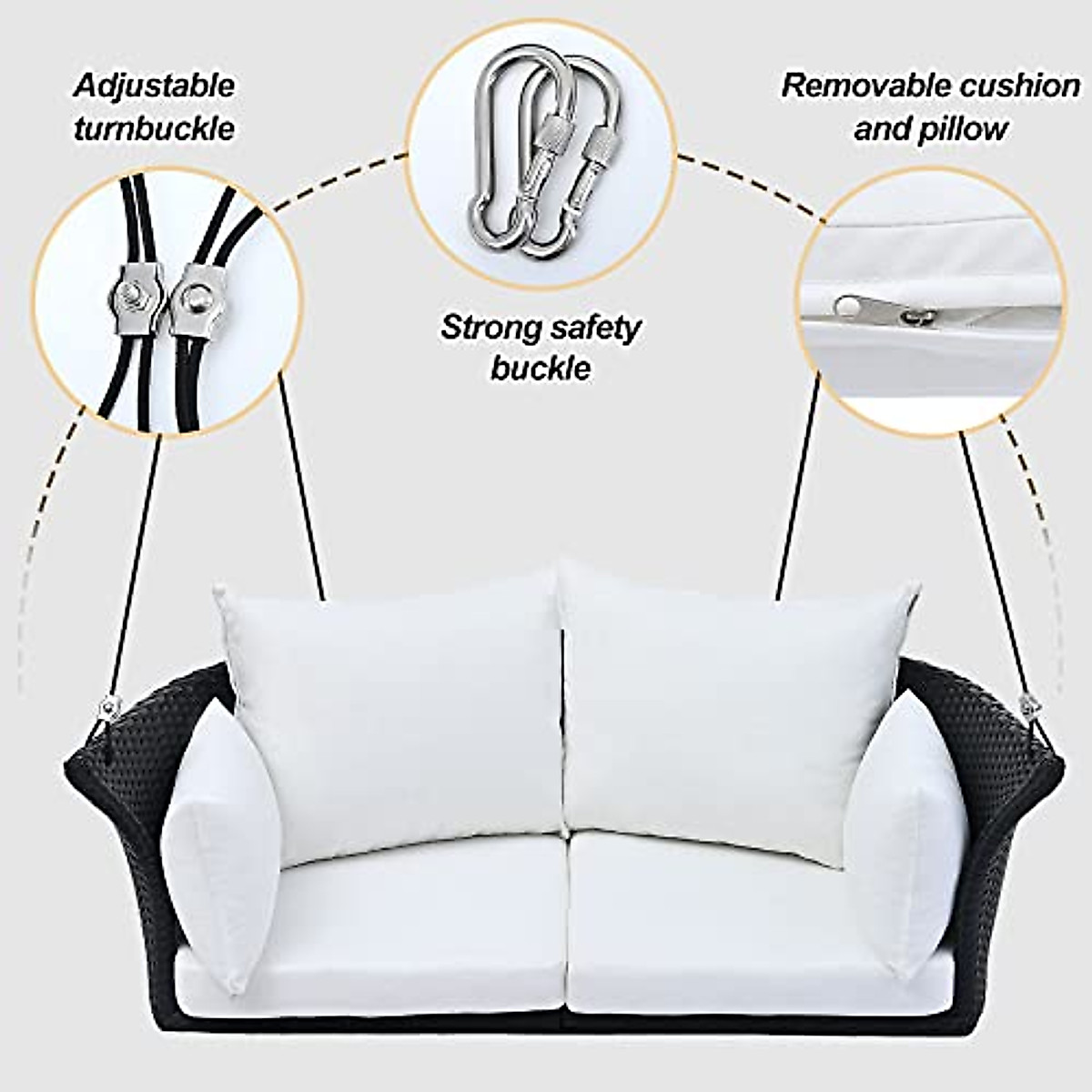 Patio 51.9” 2-Person Swing Chair,Outdoor Rattan Woven Hanging Seat with Adjustable Rope and Cushion,for Porch Lawn Garden Backyard Balconies (Black&b)