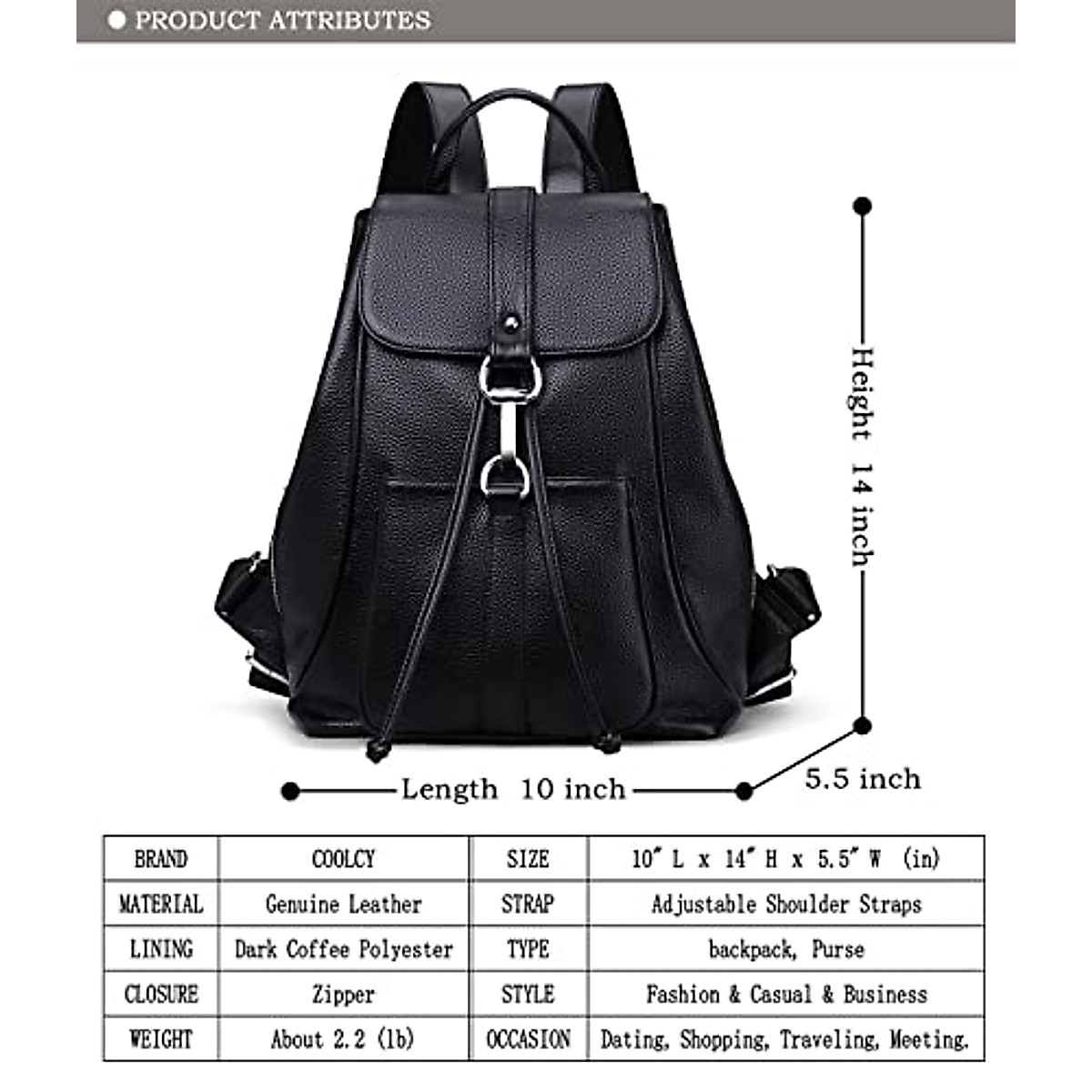 COOLCY New vintage Women Real Genuine Leather Backpack Purse SchoolBag (Black)