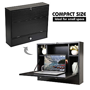 JAXPETY Wooden Wall-Mounted Space-Saving Desk, Fold Out Computer Laptop Desk with Storage Bookcase & Drawer, Convertible Writing Desk for Home Office, Black
