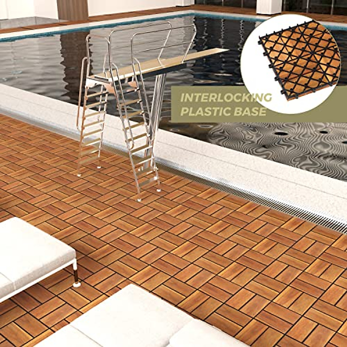 Wood Interlocking Flooring Tiles (Pack of 10, 12" x 12"), Solid Wood Acacia Deck Tiles Interlocking, Patio Tiles Outdoor Interlocking Waterproof All Weather (8 slat, Natural Color)