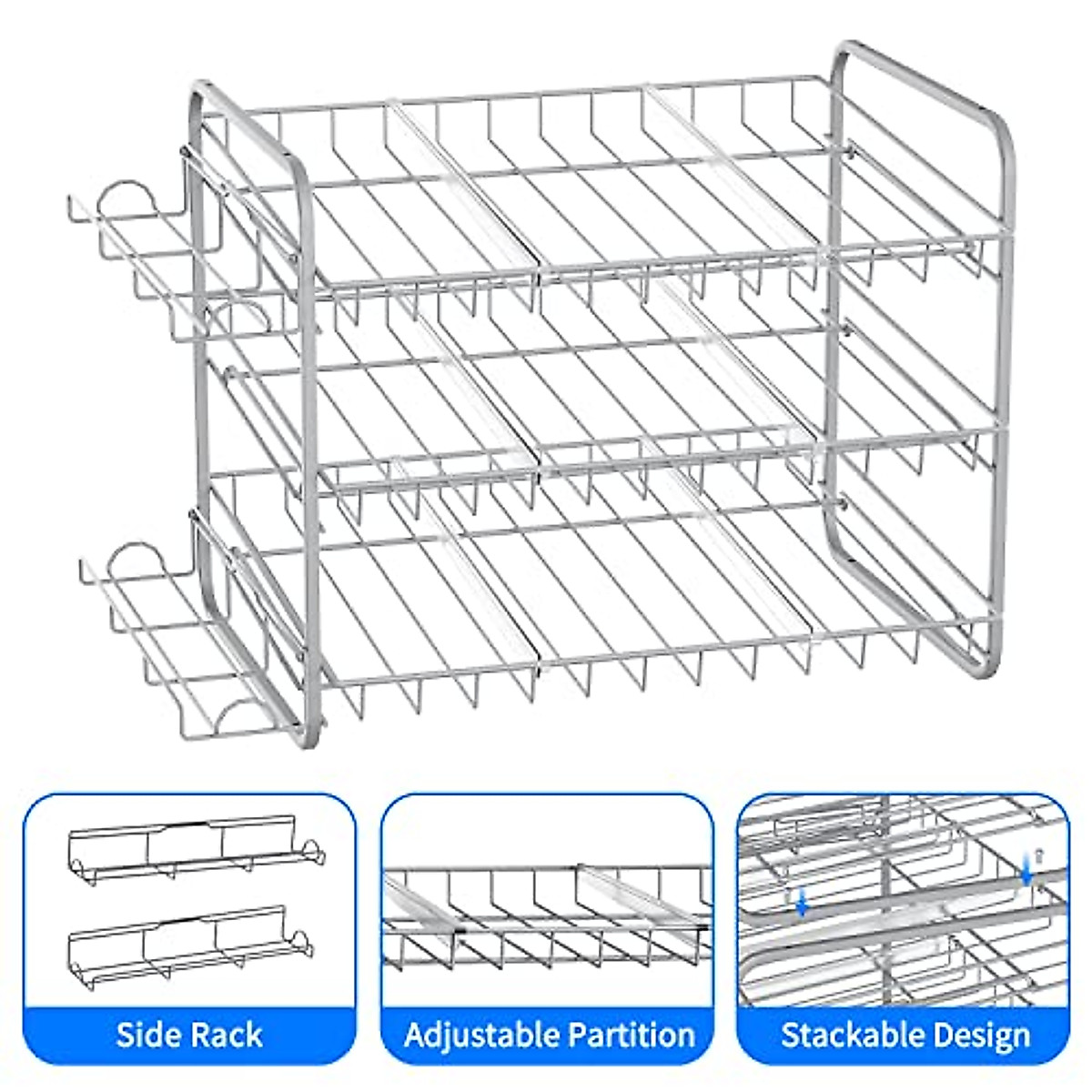 Bextsrack Can Rack Organizer for Pantry, Stackable Can Storage Holder with Side Basket Holds Up to 42 Cans for Kitchen Pantry Cabinet - Silver
