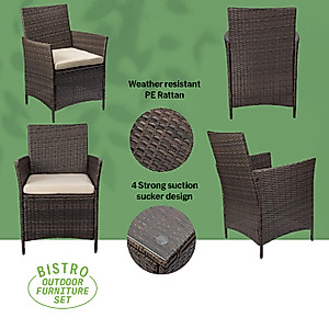 Pyramid Home Decor Alvino Patio Bistro Set 3-Piece Outdoor Wicker Furniture Sets, Modern Rattan Garden Conversation Chair with Thick Cushion and Glass Top Coffee Table (Coffee)