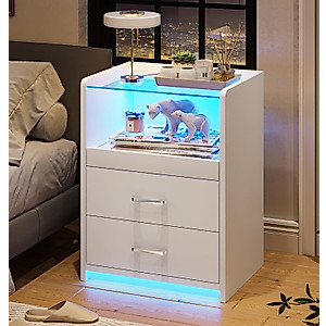 VIAGDO White Nightstand with Charging Station and LED Lights, 2 Drawers LED Night Stand with Tempered Glass Tabletop, Modern End Side Tables with Pull-Out Tray, Open Storage Bedside Tables