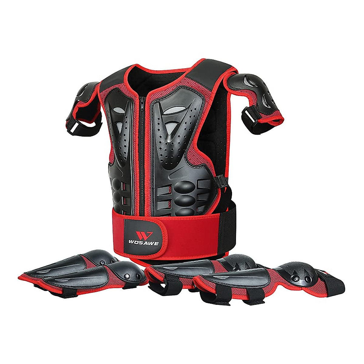 WOSAWE Kids Dirt Bike Chest Protector Skating Knee Elbow Pads Youth ATV Spine Protective Gear Kit, Red