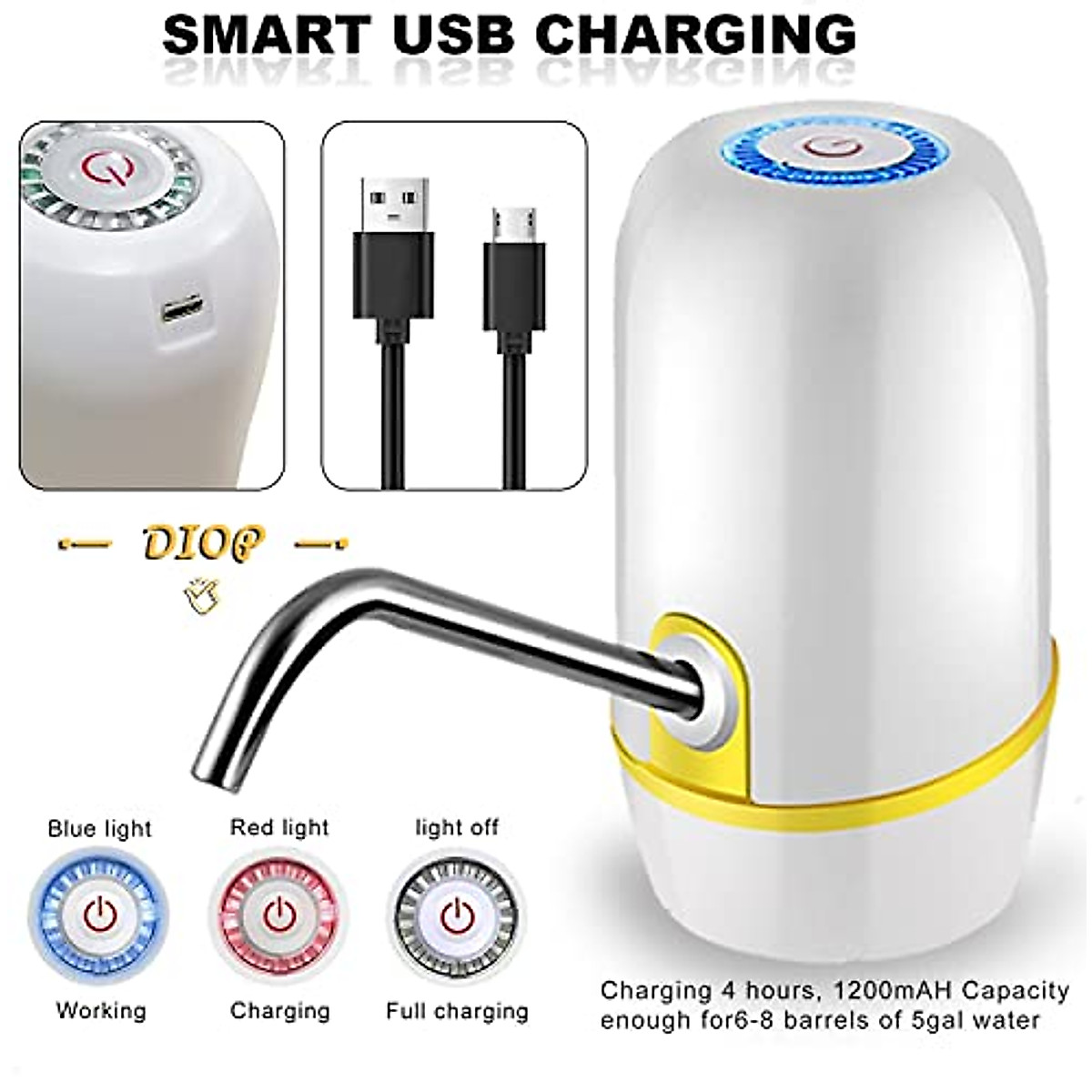 DIOP 5 Gallon Water Pump Dispenser | Electronic Automatic Drinking Water Pump | USB Charging Silicone Portable Water Bottle Pump for Kitchen | Automatic Water Dispenser | Office | Gym | Picnic
