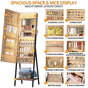 LVSOMT LED Standing Jewelry Mirror Cabinet, Stand Up Full Length Mirror with Storage, Lockable Floor Jewelry Armoire Organizer with 2 Drawers, Bottom Shelf, Built-in Lighted Makeup Mirror (Brown)