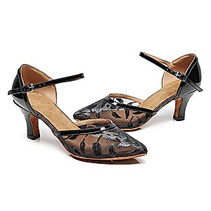 JUODVMP Women's Mesh with Feather Patterns Closed Toe Ballroom Dance Modern Shoes Model 2001,Black,2 1/3 inches Heel,6US