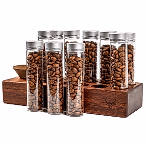Single Dose Coffee Bean Storage Tubes KNODOS Coffee Bean Cellar 10 Pcs Dosing Glass Vials With Lids (2 Oz) Wooden Display Stand And Funnel
