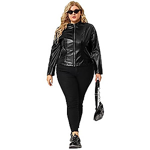 Agnes Orinda Plus Size Jacket for Women Faux Leather Moto Biker Zip Up Halloween Jackets 3X Black