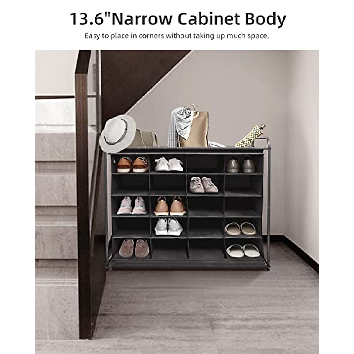 MULISOFT 5-Tier Shoe Cubby with 20-Grid Storage, Shoe Rack Organizer for Maintaining Shoes, Stackable Cubby Shoe Rack, Easy-to-mobile Shoe Organizer Cubby for Entryway, Closet, Bedroom, Garage, Black