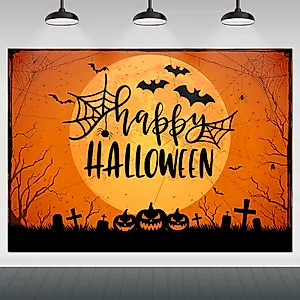 Mocsicka Happy Halloween Backdrop Orange Night Moon Graveyard Background Spooky Pumpkin Spider Web Halloween Party Cake Table Decoration Banner Photo Booth Props (7x5ft)