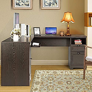 GOFLAME 66" Modern L-Shaped Desk with Drawers, PC Laptop Corner Table Workstation, Space Saving Computer Desk with Spacious Surface, Writing Table Home Office Computer Desk (Coffee)
