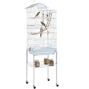 Yaheetech 62.4-inch Roof Top Flight Bird Cage for Parakeets Cockatiels Conures Finches Lovebirds Canaries Budgies Small Parrots, Large Birdcage with Detachable Rolling Stand, White