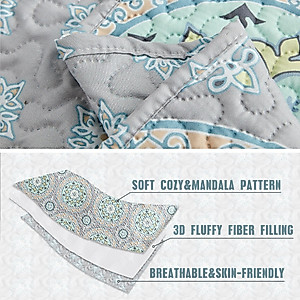 CHIXIN Boho Quilt King Size - Bohemian Chic Medallion Design - Lightweight Bedspread Coverlet Set, Ultrasonic Quilting Mandala Bedding Cover for All Season, 3 Piece, Aqua Blue