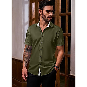 JMIERR Men's Casual Button Down Shirts Wrinkle-Free Short Sleeve Business Muscle Slim Fit Non Iron Dress Shirt for Men, XL, Olive Green