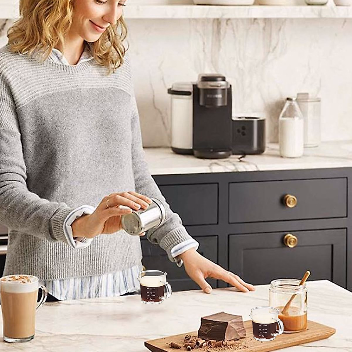 Espresso Shot Glass 70ML/2.3OZ Triple Pitcher Barista Double Spouts With Pouring Handle (1 Pack)