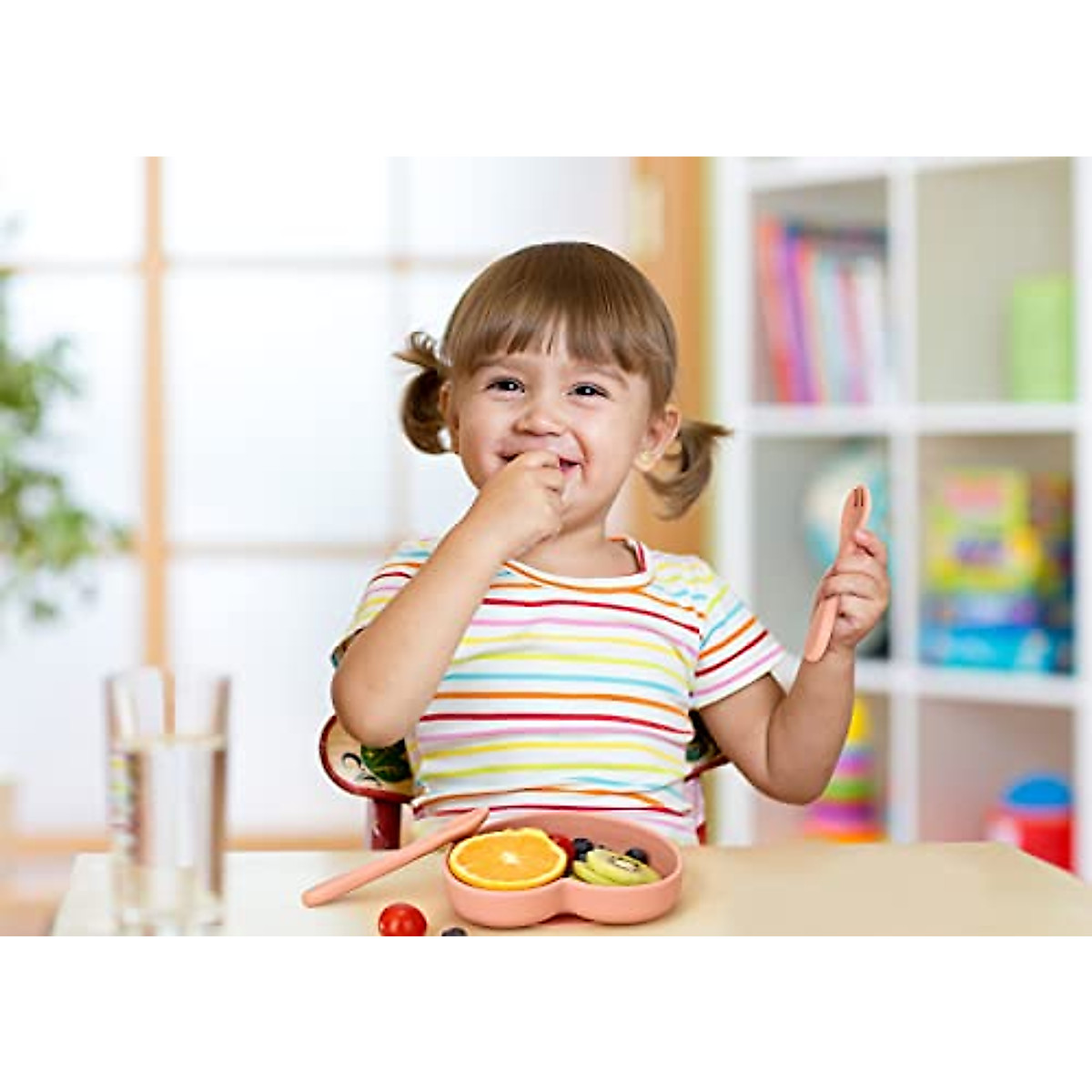 Suction Plate, Socub Silicone Plate for Baby and Toddler, Unbreakable Non-Slip Kids Plates with Spoon and Fork, BPA Free, Dishwasher and Microwave Safe, Ether