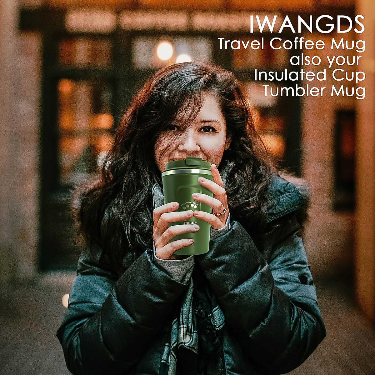 IWANGDS Leak Proof Travel Coffee Mug, Insulated Coffee Mug with Lid, Stainless Steel Vacuum Tumbler, Reusable Coffee Cup for Keep Hot Ice Drinks, 13oz Cute Mini Thermos with Cat Paw Pattern (Green*1)