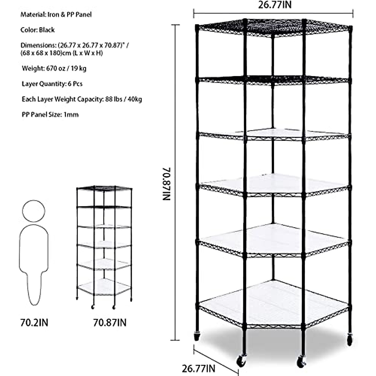 Aybihous3 6 Tiers Corner Shelf Adjustable Metal Storage Wire Shelving Unit Heavy Duty Commercial Rack Free Standing Rack Metal Display On Wheels for Garage Living Room Kitchen Industrial NSF Black