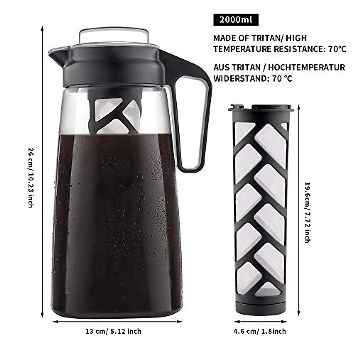 Sivaphe 2 Quart Cold Brewer Coffee Maker Deluxe Patented Manual Iced Loose-Tea Method 64oz Leak Proof Coffee Pitcher with 2 Removable Finish-Mesh Filters