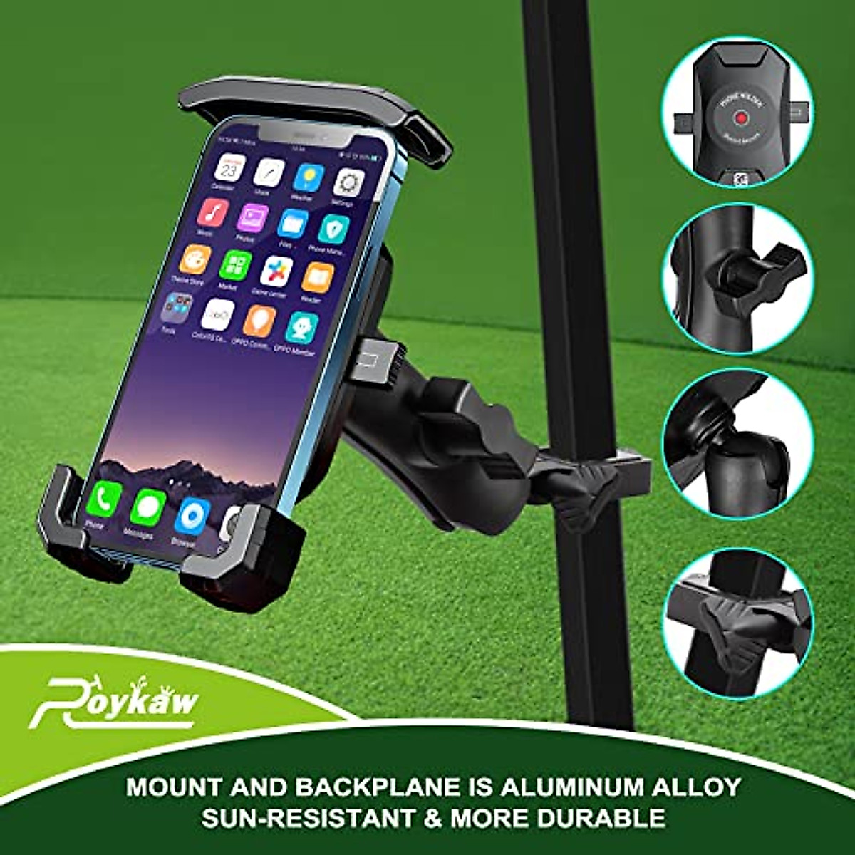 Roykaw Golf Cart Phone Mount Holder for iPhone/Galaxy/Google Pixel/Motorola & GPS SkyCaddie SX400, SX500 - Fit for EZGO, Club Car, Yamaha, ICON, Advanced EV, Upgrade Quick Release & One-Touch Lock