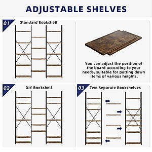 NUMENN Triple Column 5 Tier Bookshelf, Bookcase with 14 Open Display Shelves, Adjustable Rustic Industrial Style Book Shelves, Modern Bookshelves for Bedroom, Living Room and Home Office, Vintage