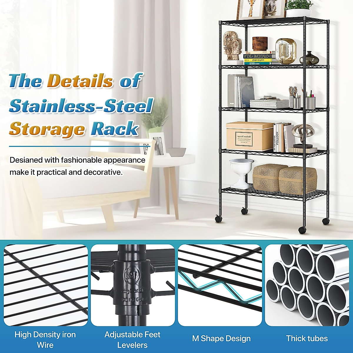 WYGMAV 5-Tier Wire Shelving Unit Adjustable Metal Storage Shelving Commercial Storage Shelves with Wheels Heavy-Duty Metal Storage Rack for Pantry, Restaurant, Garage, Kitchen, Black