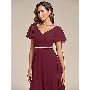 Ever-Pretty Women's Elegant V Neck Ruffle Sleeve Lotus Leaf High Low Summer Chiffon Evening Gown Burgundy US6