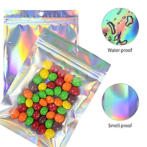 ISKYBOB 100 Pieces Resealable Mylar Zip Lock Bags Rainbow Flat Foil Pouches Smell Proof Food Storage Gift Package Supplies, S