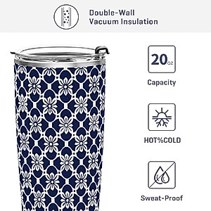 sanluoli Unique Design Dark Blue Flowers Stainless Steel bottle with straw with Straw Leak Resistant Flip coffee travel mug for outdoor simply insulated coffee tumbler 20 OZ