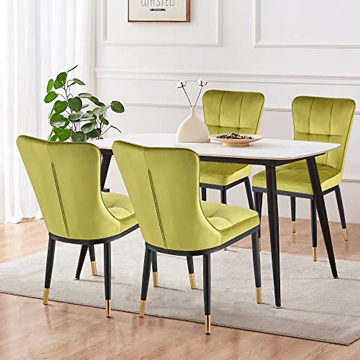 Bekrvio Dining Chairs Set of 4, Modern Velvet Kitchen Chairs with High Back, Upholstered Armless Side Chair Accent Chair with Black Metal Legs for Dining Room, Living Room, Vanity (Olive Green)