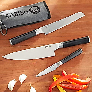 Babish German High-Carbon 1.4116 Steel Cutlery, 3-Piece (Chef Knife, Bread Knife, & Pairing Knife) w/Kitchen Knife Roll