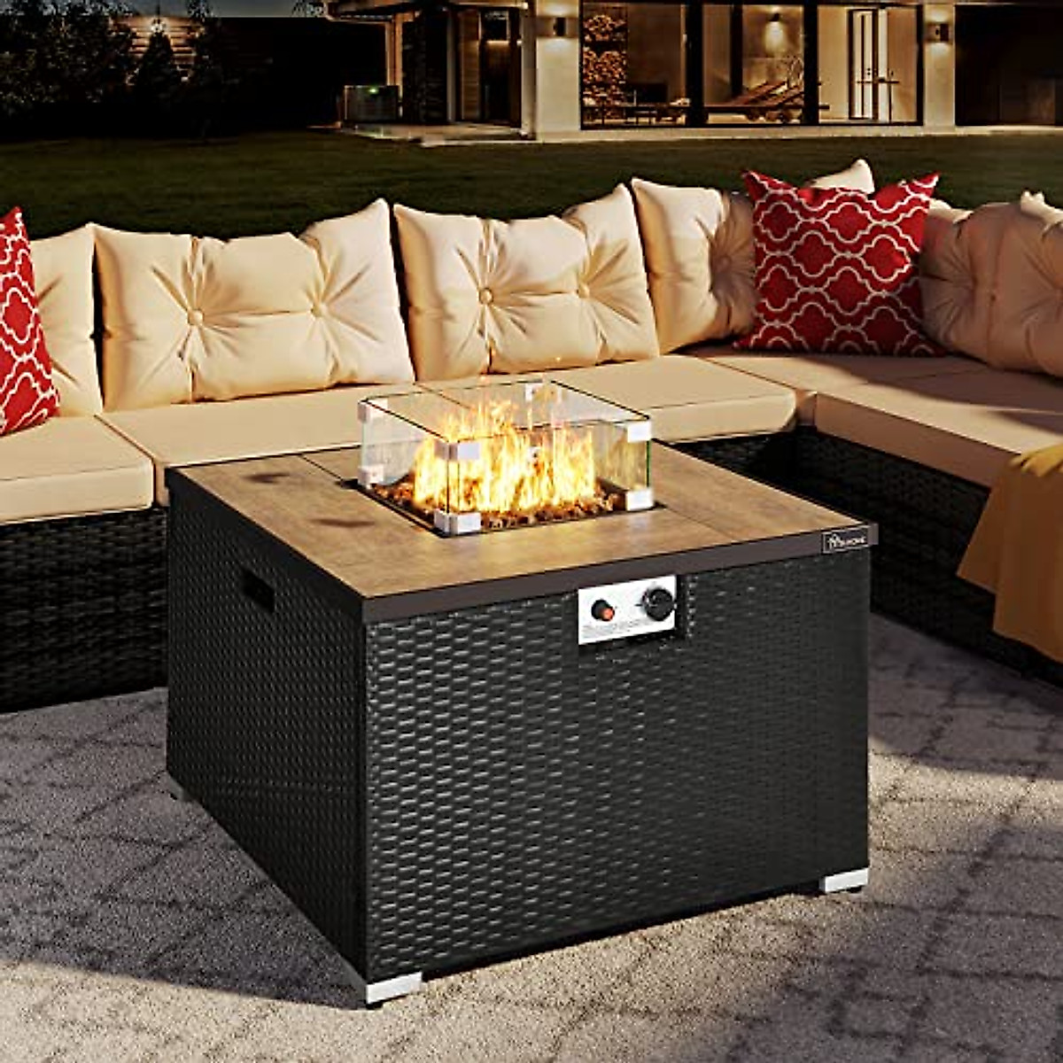 YITAHOME 32 Inch Propane Fire Pit Table, 40,000 BTU Gas Fire Pit with Ignition Systems, Ceramic Tabletop, Lava Rock, Cover, Lid Hanger, Square Outdoor Firetable for Patio Garden Backyard (Black)