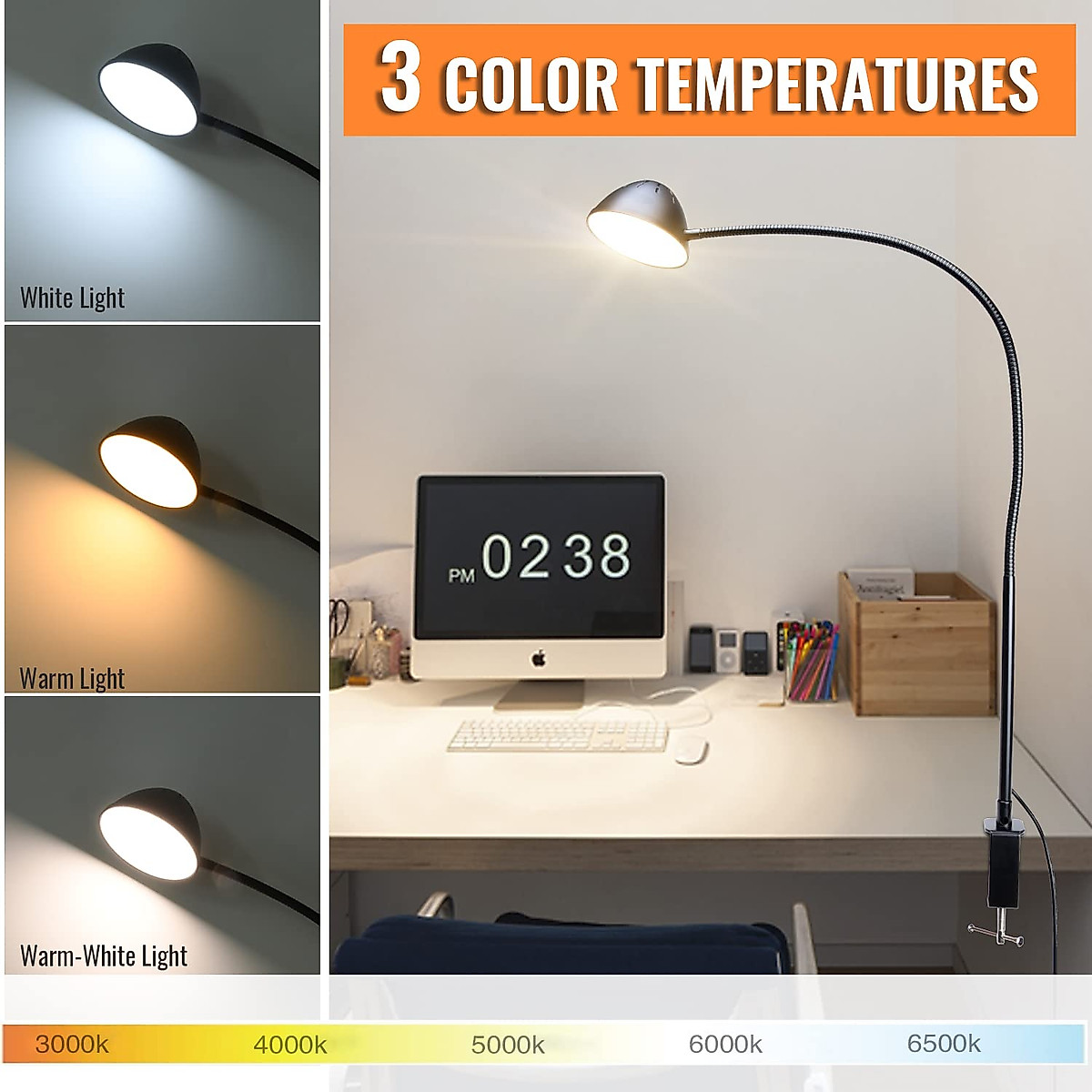 CeSunlight Clamp Lamp, Clip on Lamp, Desk Lamp with Clamp, 12W, 1300 LMS, 3 Color Modes, 10 Brightness Levels, 30 Inches Long Gooseneck Light, Perfect for Sewing, Reading, Home, Office