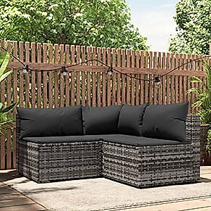 vidaXL Patio Lounge Set, 3 Piece with Thickly Padded Cushions, Gray PE Rattan, Powder-Coated Steel Frames, Modular Design, Perfect for Garden Relaxation and Dining