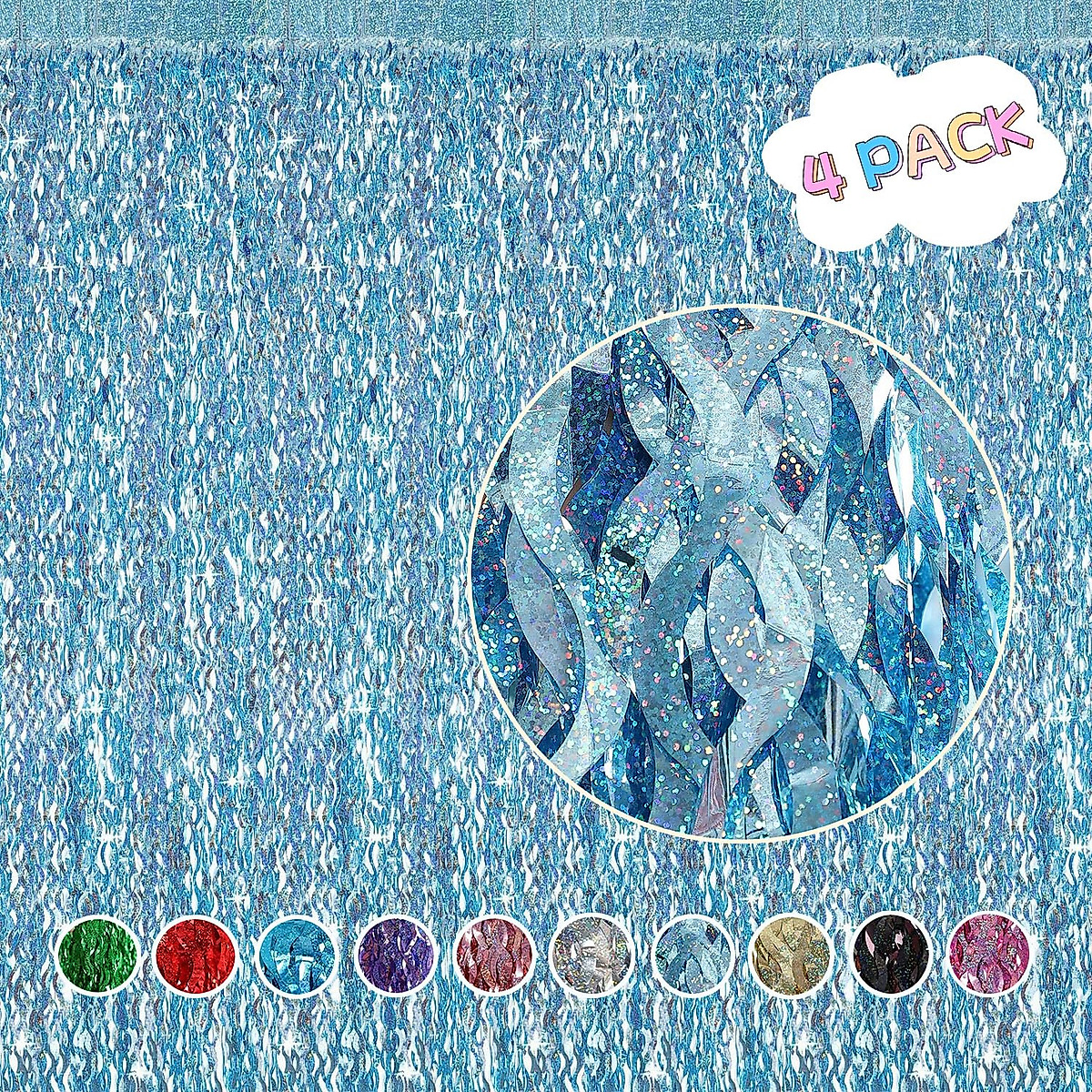 4 Pack Light Blue Party Foil Curtain - CYLMFC 3.3 ft x 6.6 ft Wavy Photo Booth Backdrop Metallic Tinsel Foil Fringe Curtains Environmental Background for Birthday Wedding Party Christmas Decorations