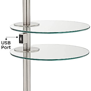 Possini Euro Design Concierge Modern Floor Lamps 63" Tall Set of 2 with Double Tray Table USB Charging Port Brushed Nickel Drum Shades Decor for Living Room Reading House Bedroom Home