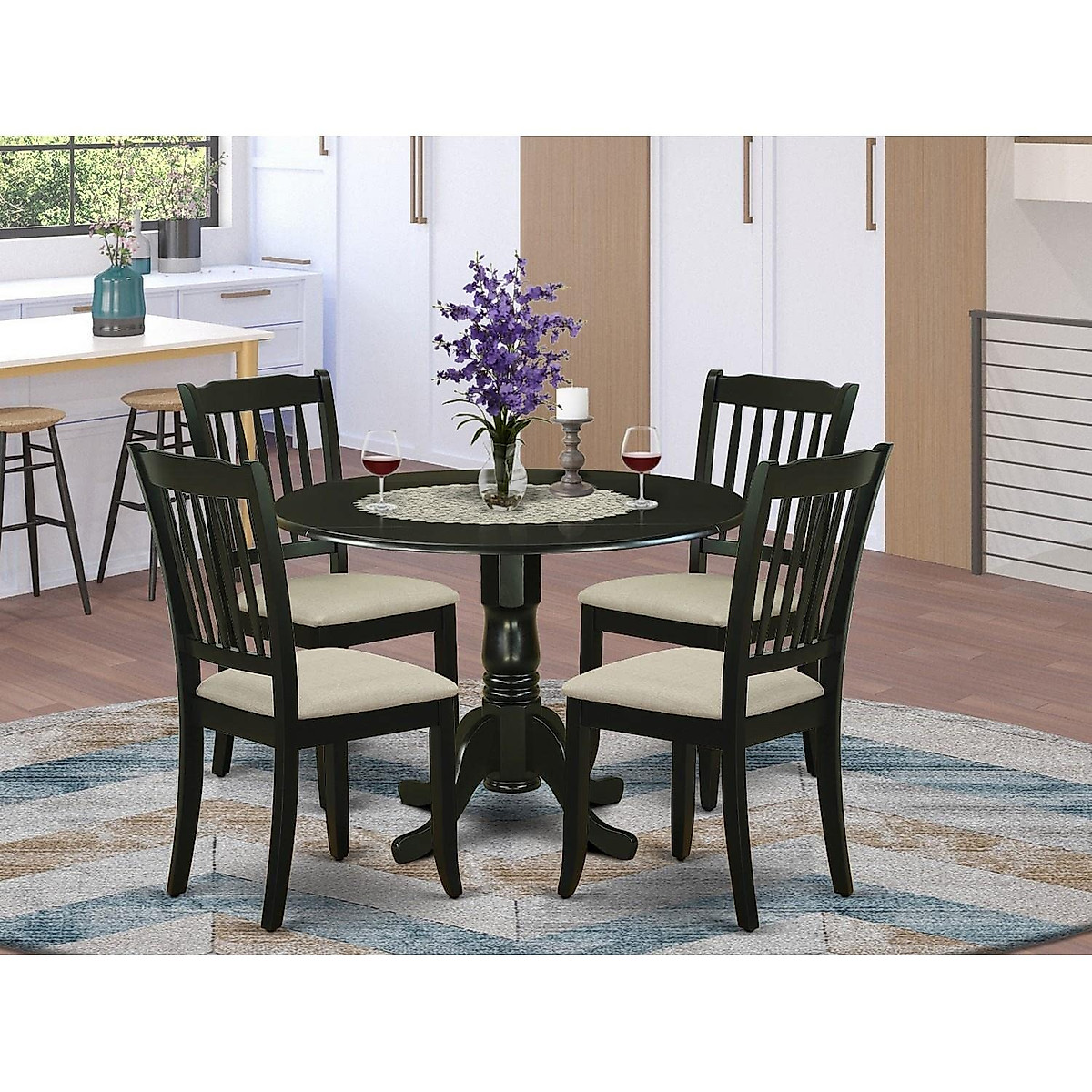 East West Furniture DLDA5-BLK-C 5 Piece Dining Table Set for 4 Includes a Round Kitchen Table with Dropleaf and 4 Linen Fabric Upholstered Dinette Chairs, 42x42 Inch, Black