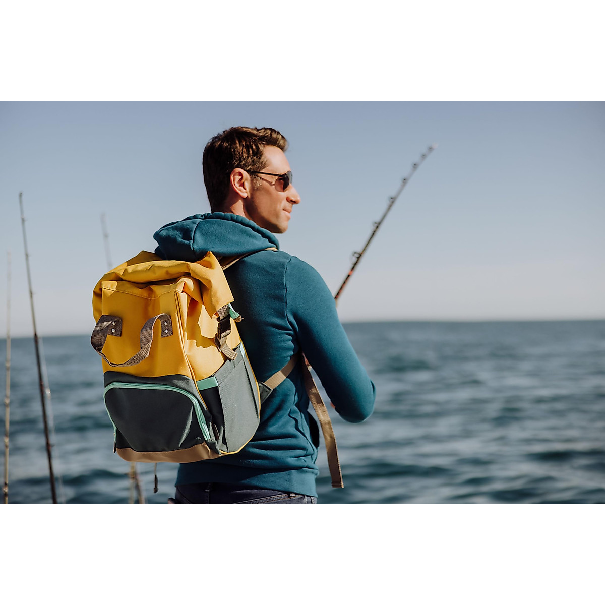 ONIVA - a Picnic Time brand - OTG Roll-Top Cooler Backpack - Hiking Backpack Cooler - Soft Cooler Bag, (Mustard Yellow with Gray & Blue Accents)