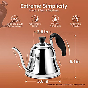 Chefbar Tea Kettle for Stovetop, Barista's Choice Gooseneck Pour Over Coffee Kettle with Flow Control, Food Grade Stainless Steel Water Kettle, Tea Pot for Home & Kitchen Small Tea Kettle 28oz, Silver